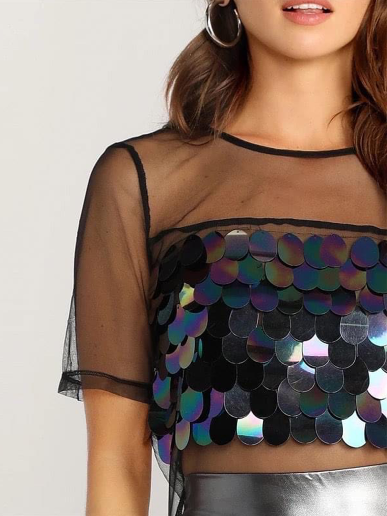 Blusa negra transparente con detalles de lentejuelas – Seven Store